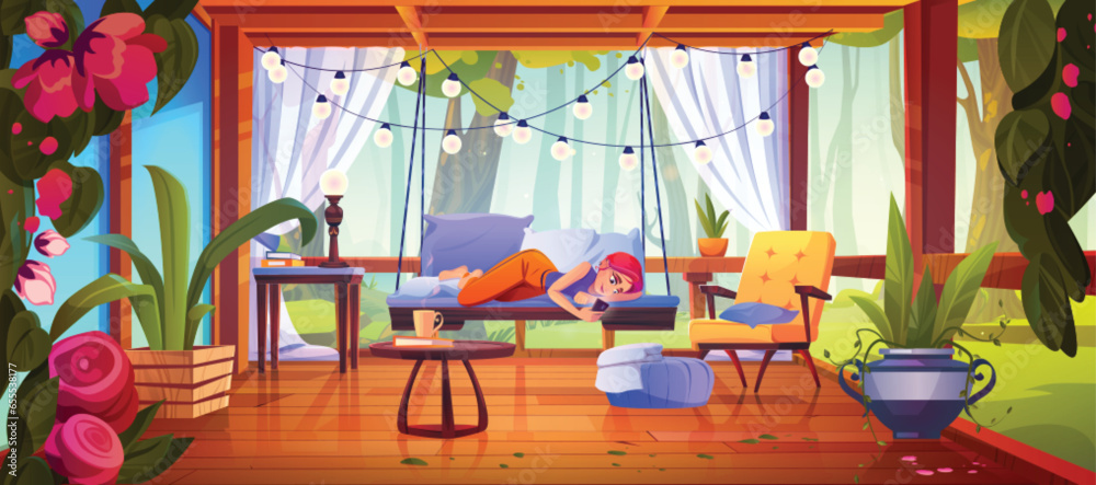 House terrace with woman cartoon vector illustration. Home patio with ...