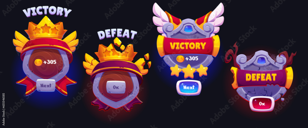 Victory and defeat game ui badges. Cartoon vector illustration set of ...