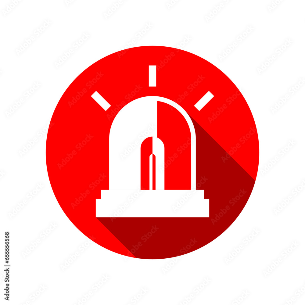 White alarm siren emergency fighing light on red circle icon flat ...