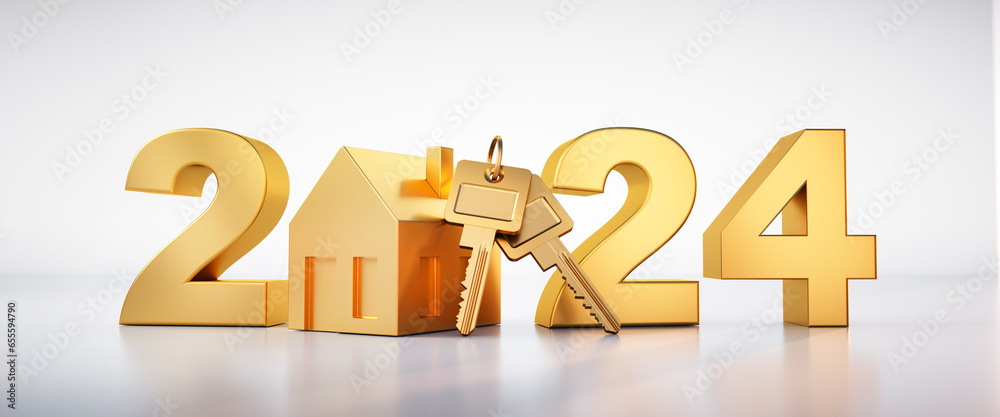 Golden symbol house with keys and year numbers 2024 on white background ...