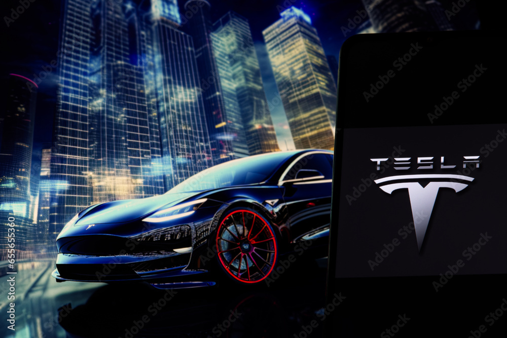 TESLA investment growth and profit trading concept. Tesla company logo ...