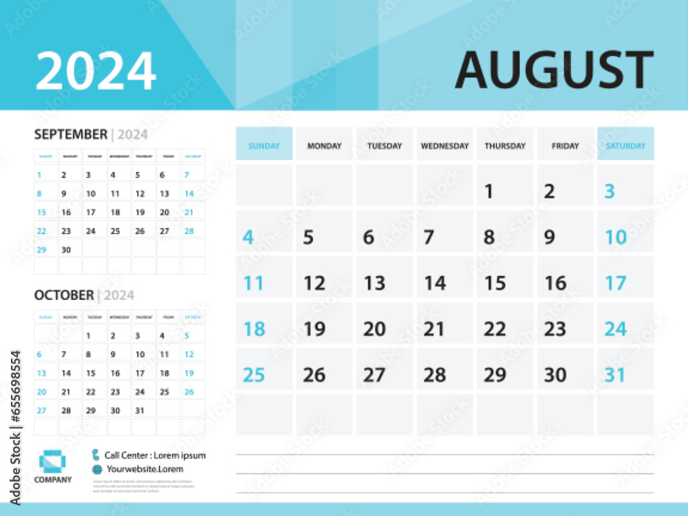Calendar 2024 template, August 2024 year, Desk Calendar 2024 template ...