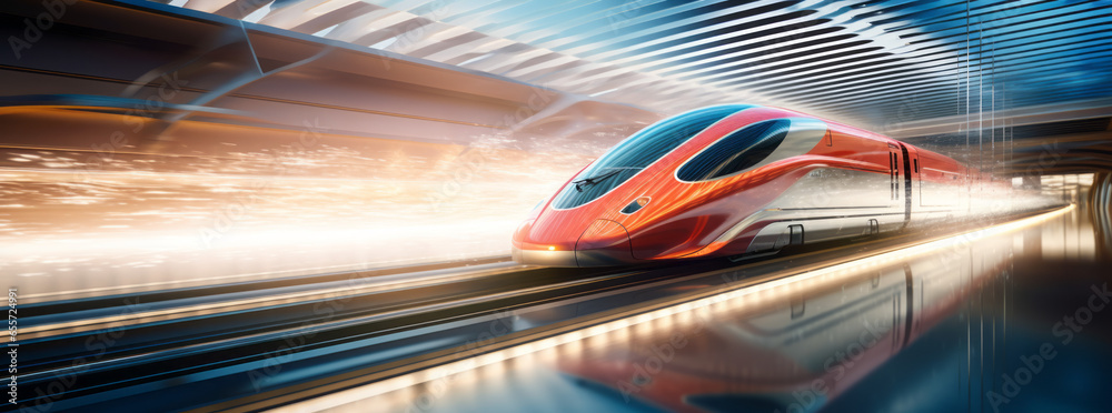 High speed train at the railway station at sunset in Europe. Modern ...