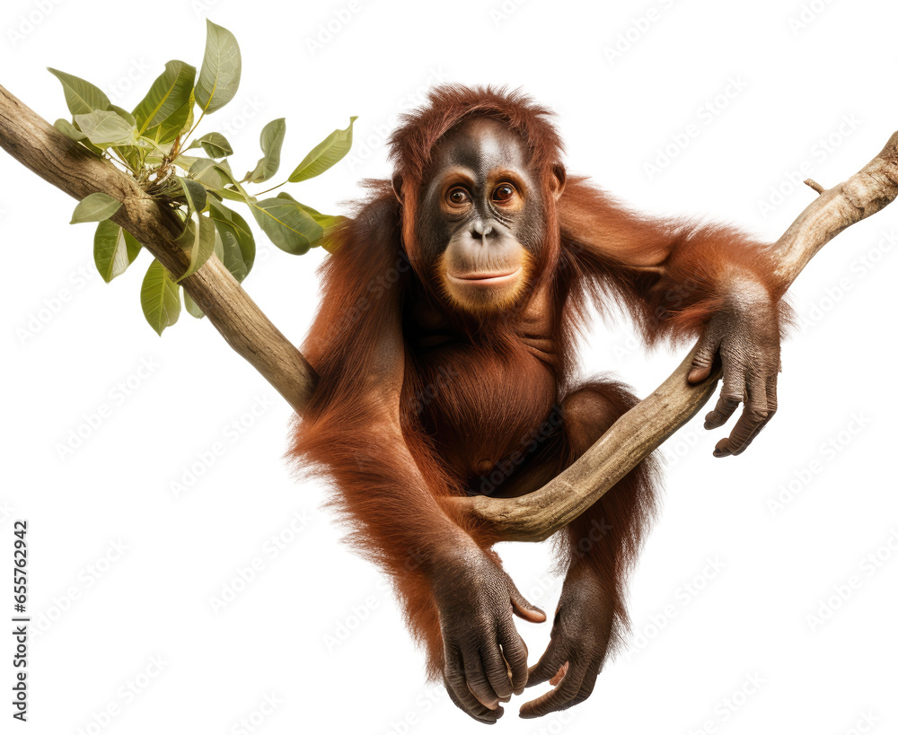 Orang-utan ape hanging on a vine in the trees isolated on a white ...
