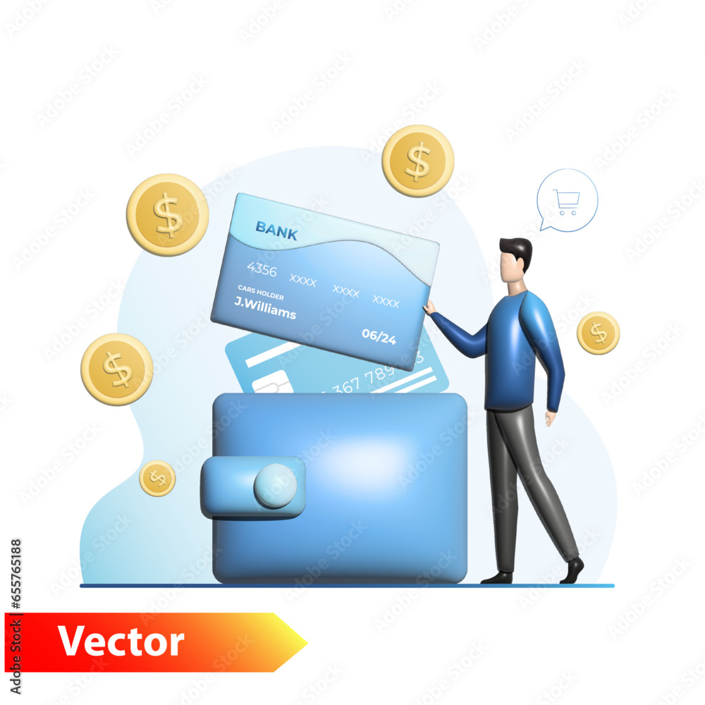 3d, tiny,vector man holding a large credit, debit card for successful ...