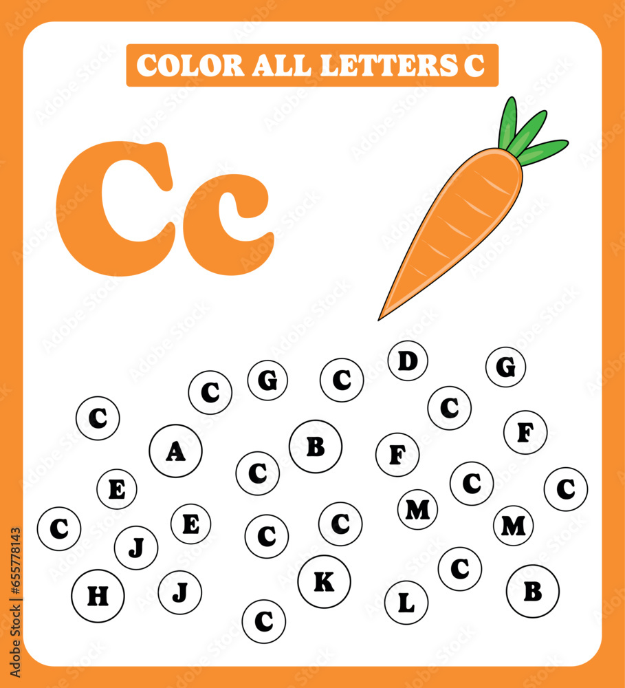 Learning alphabet. Color the all letter C. Educational worksheet design ...