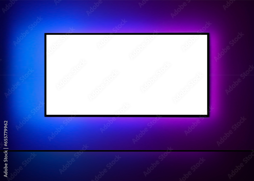 Realistic TV screen. Modern lcd wall panel, led type, isolated on neon ...