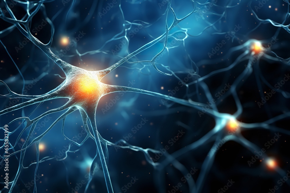 Conceptual illustration of neuron cells with glowing link knots in abstract dark space, high ...