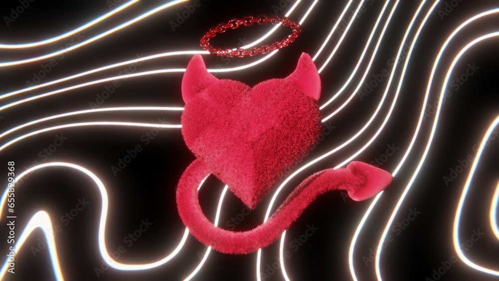 Abstract devil red heart with chains character and white neon waves in ...