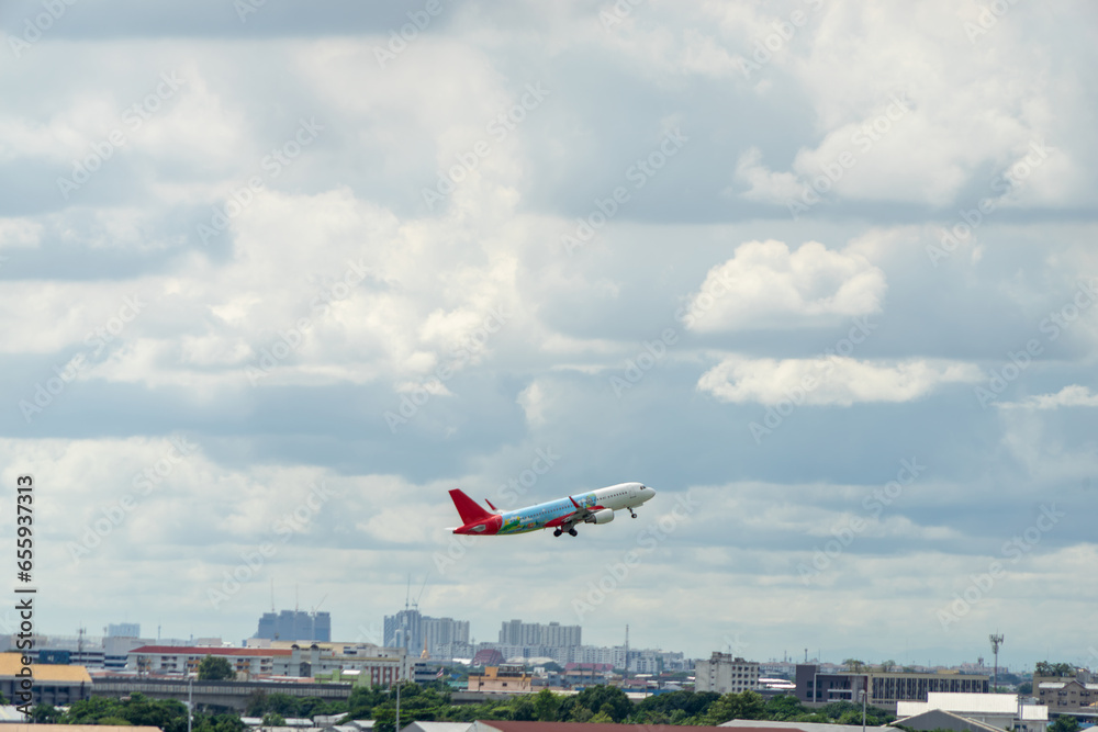 Airplane takes off over head. Airplane taking off from the airport ...