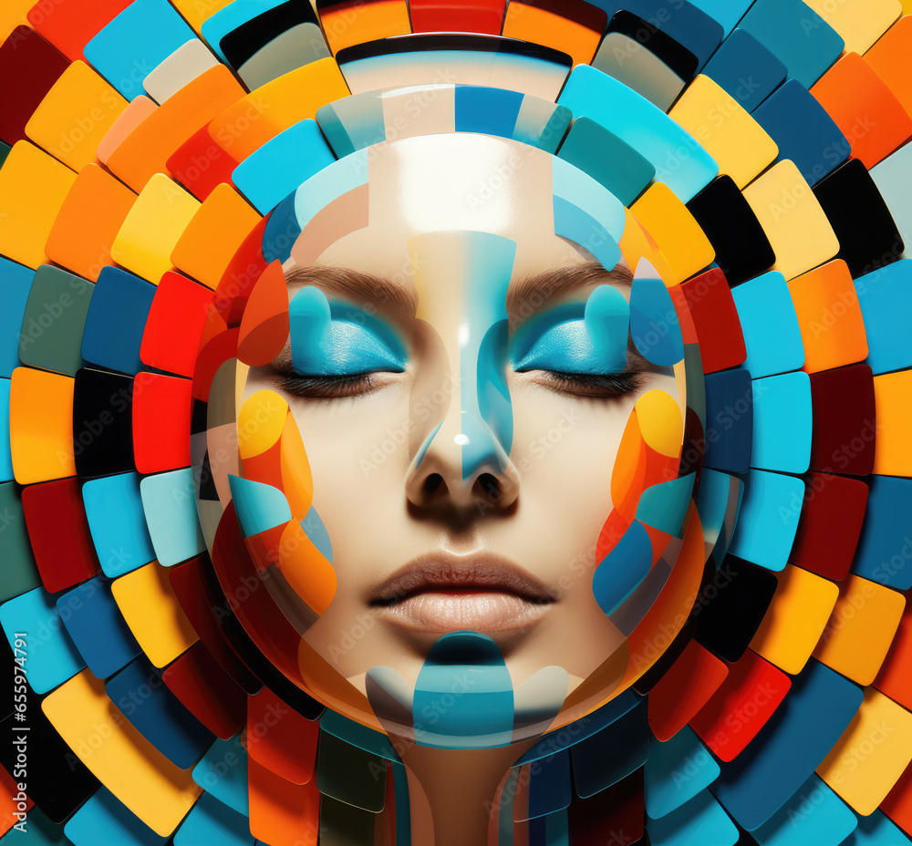 Woman's head in a pattern of vivid color blocks representing concepts ...
