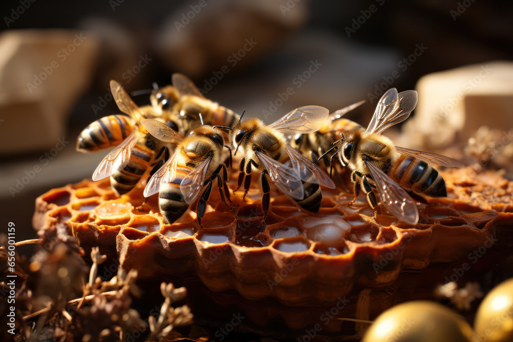 A beehive with bees in various roles, showcasing the efficiency and ...
