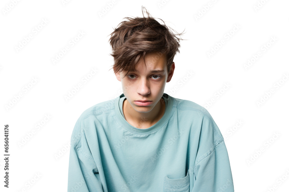 sad teenager boy in a bad mood or sick and has problems, png file of isolated cutout object on ...