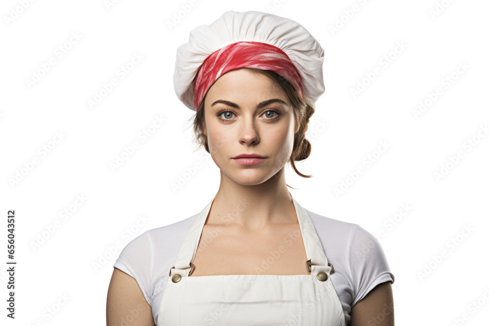 A woman wearing a chef's hat and apron, ready to cook up a delicious ...