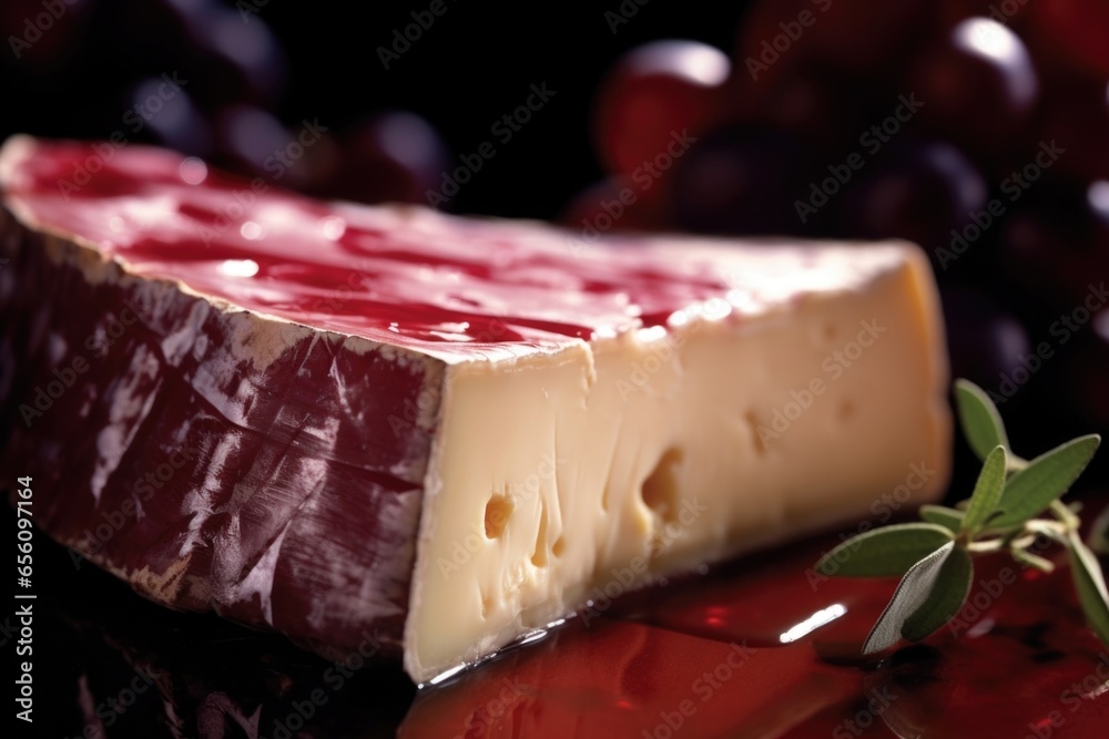 Foto de Stock A captivating shot showcases a cheese washed in red wine ...