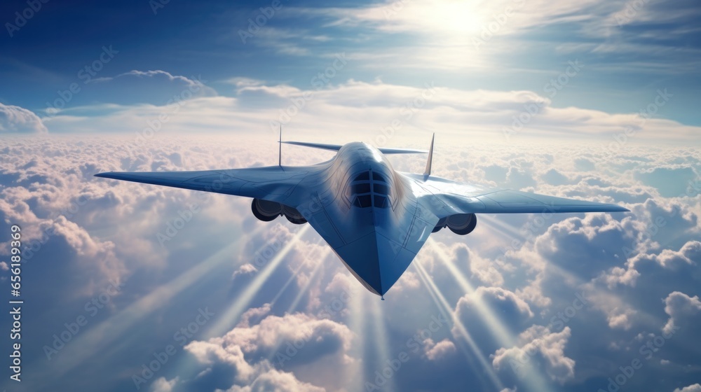3D illustration of futuristic hypersonic jet in the sky. Future ...