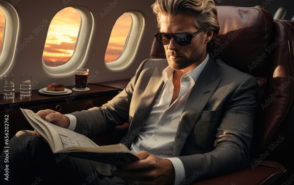 Rich man in suit seating on first class seat place in airplane and ...