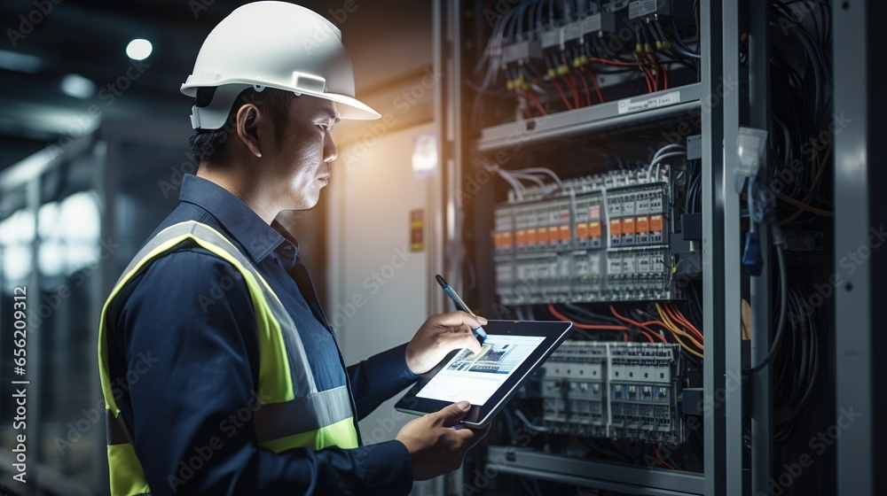 real photo of Asian electrical engineer wearing safety helmet ...