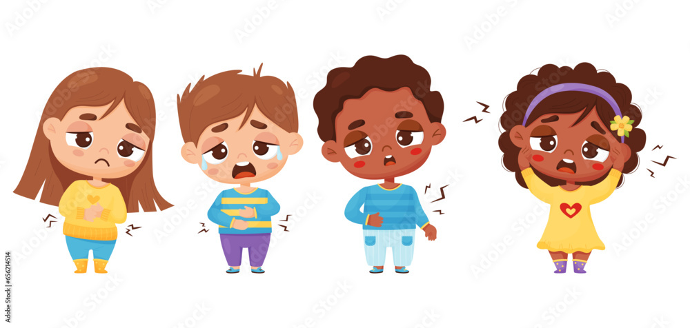 Sick kids. Collection diversity boys and girls suffering from stomach ...