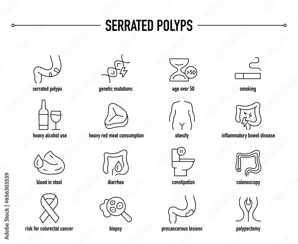 Vetor Serrated Polyps symptoms, diagnostic and treatment vector icons ...