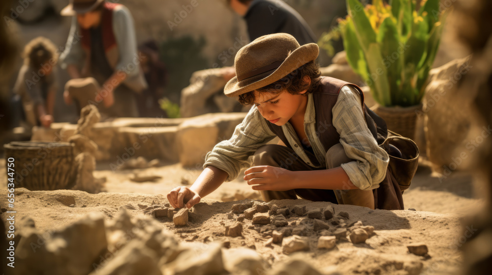 Young boy exploring an ancient archaeological site with a team of ...