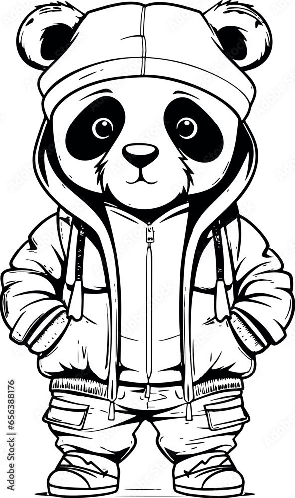 Panda, a hip-hop vector cartoon character, portrayed with bold lines on ...