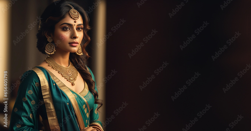 A pretty young female model wearing traditional indian outfit with ...