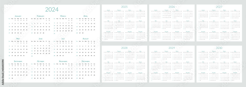 2024 2025 2026 2027 2028 2029 2030 years calendar. The week starts on ...