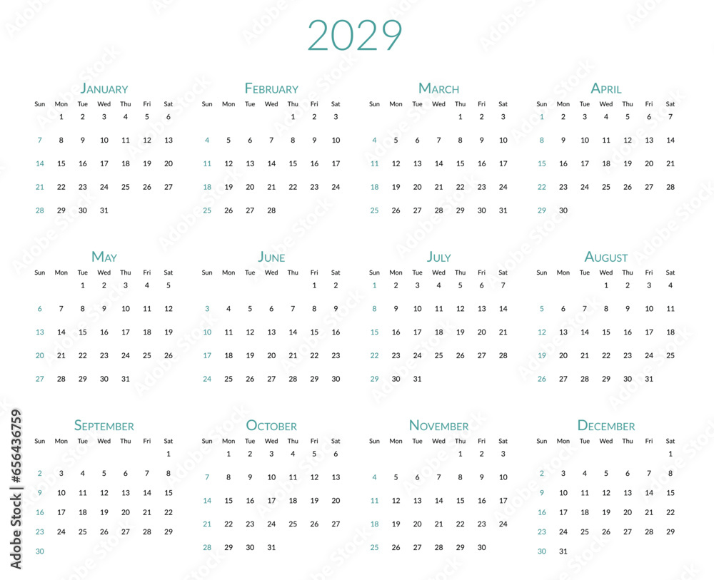 2029 year calendar. The week starts on Sunday. Desk planner template ...