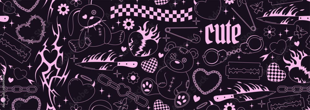 Y2k emo goth seamless banner. Background with old bear and bunny toys ...