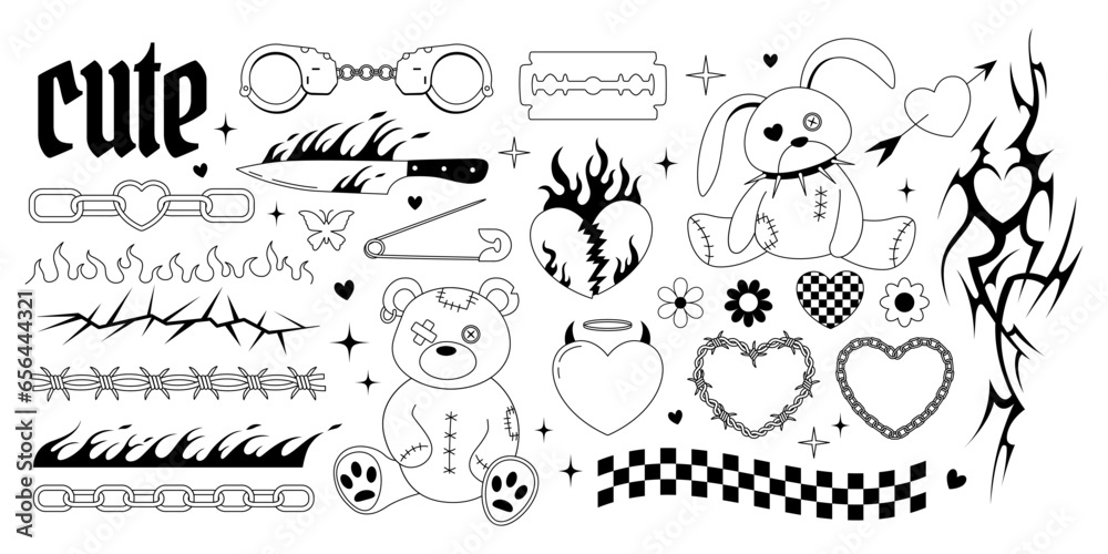 Y2k emo goth outline collection. Old bear and bunny toys, hearts ...