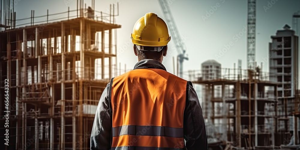 Construction vision. Engineer with blueprint on site. Building future ...