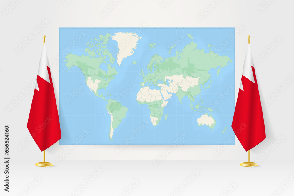 World Map between two hanging flags of Bahrain flag stand. Stock Vector ...