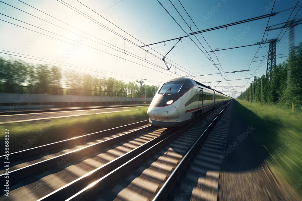 High speed train on the railway track with motion blur background ...