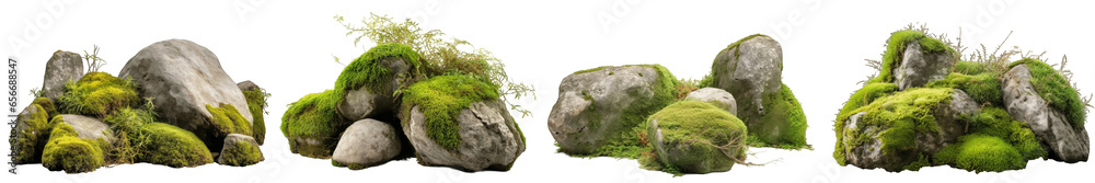 Large rocks with overgrown foliage and moss, plants and foliage around ...
