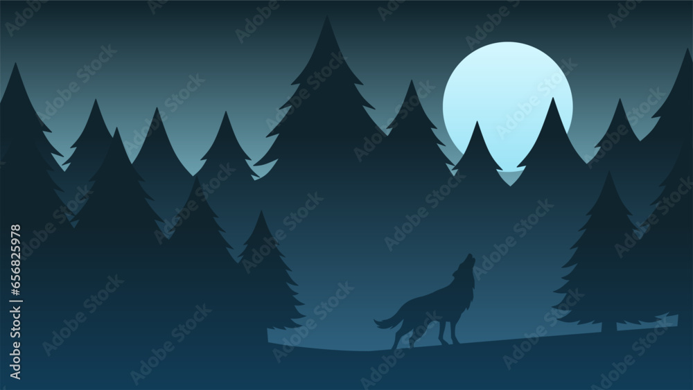 Wildlife wolf landscape vector illustration in the night. Wolf howling ...