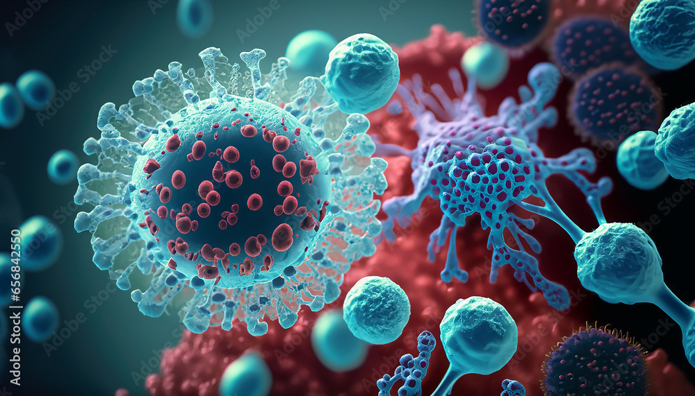 Microenvironment concept with virus cells, T-Cells, nanoparticles ...