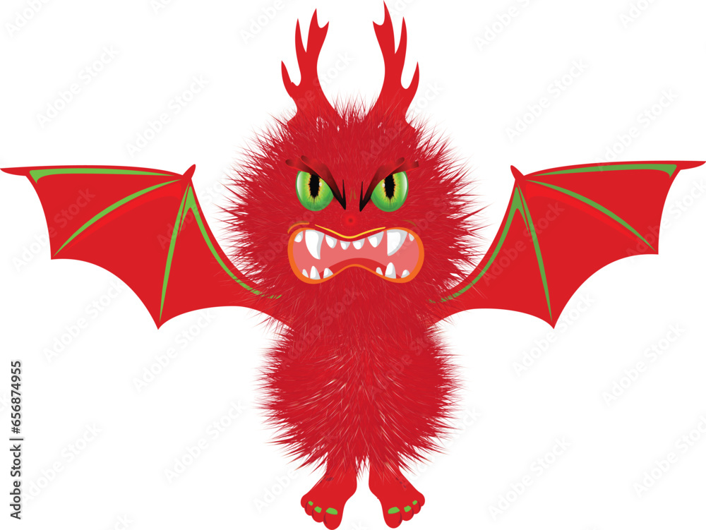 green eyed red monster with small horns on head and open mouth, furry ...