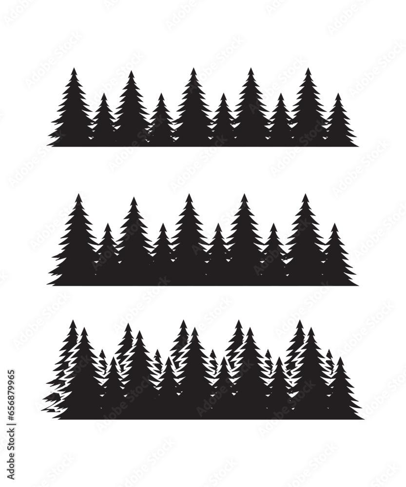 Pine tree silhouettes. Evergreen forest firs and spruces black shapes ...