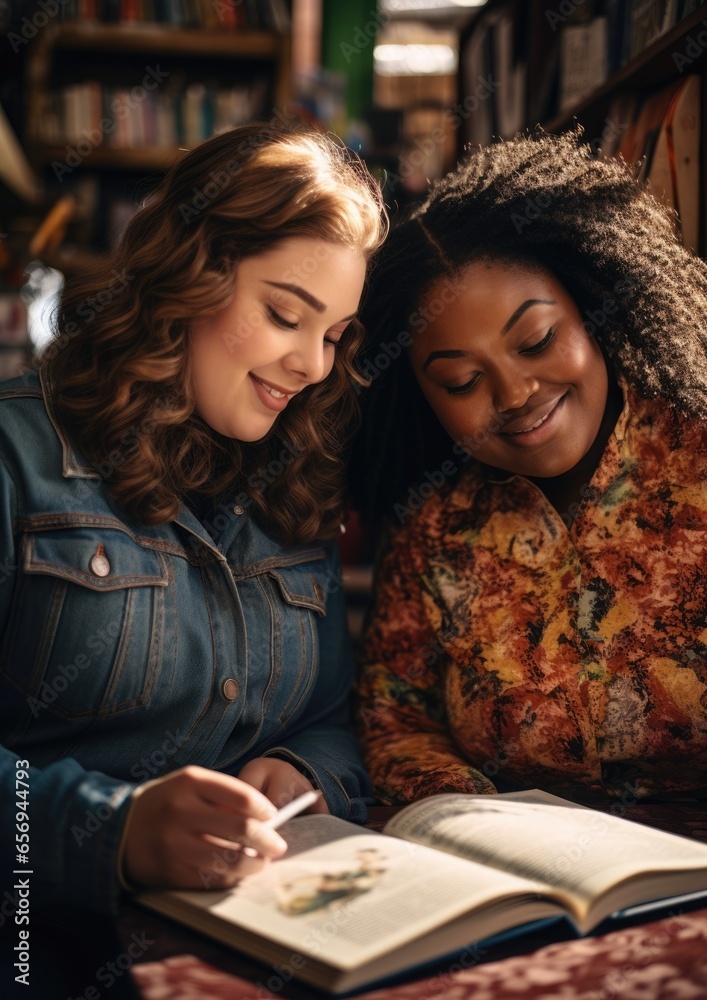 Portrait of plus-size girls reading a book alongside a friend of ...