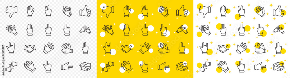 Handshake, Clapping hands, Victory. Hand gestures line icons. Horns ...