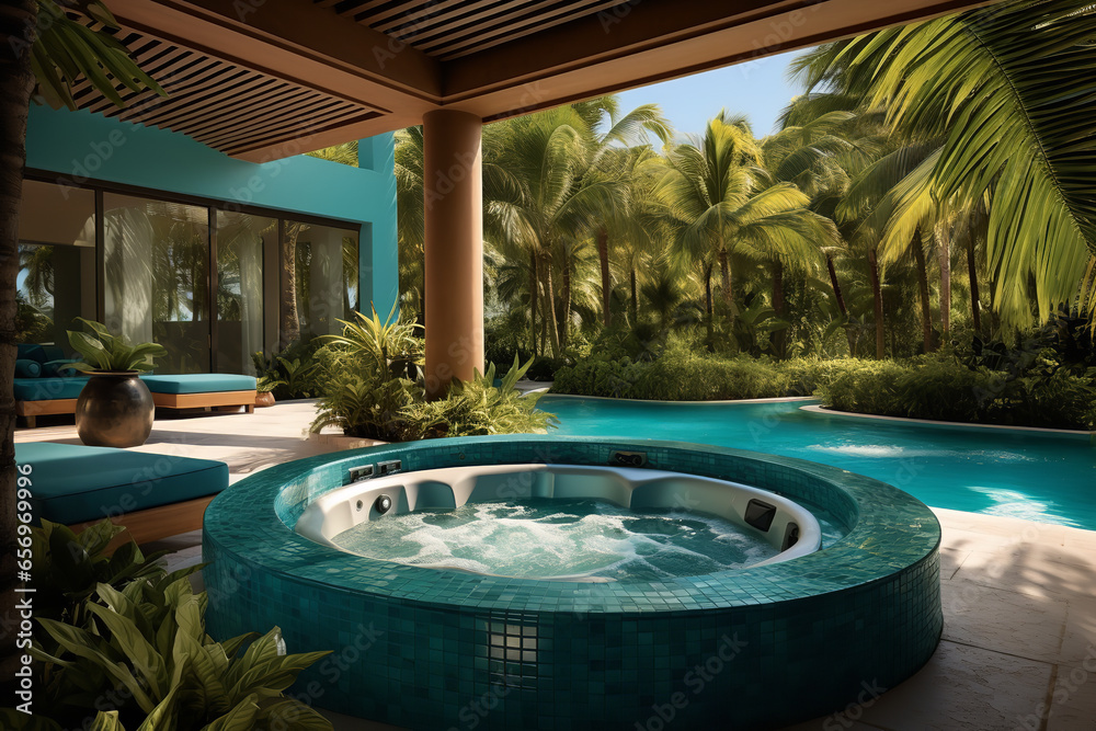 A lavish poolside lounge features a jacuzzi with sparkling turquoise ...