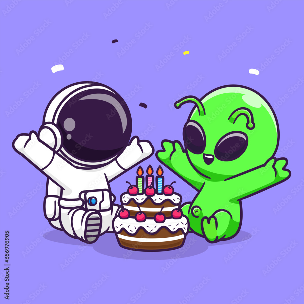 Cute Astronaut And Alien With Birthday Cake Cartoon Vector Icon ...