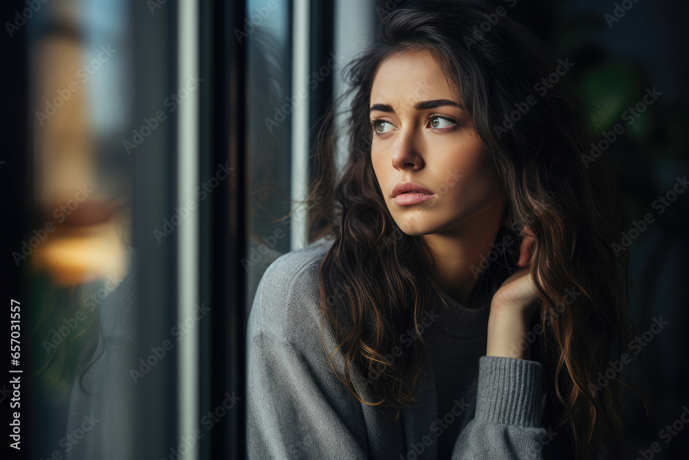 Generative AI illustration of calm young woman with long hair and ...