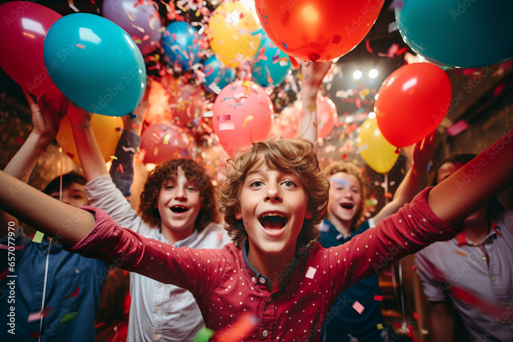 A group of cheerful eleven years old friends celebrating birthday ...