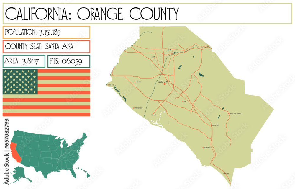 Large and detailed map of Orange County in California, USA. Stock ...