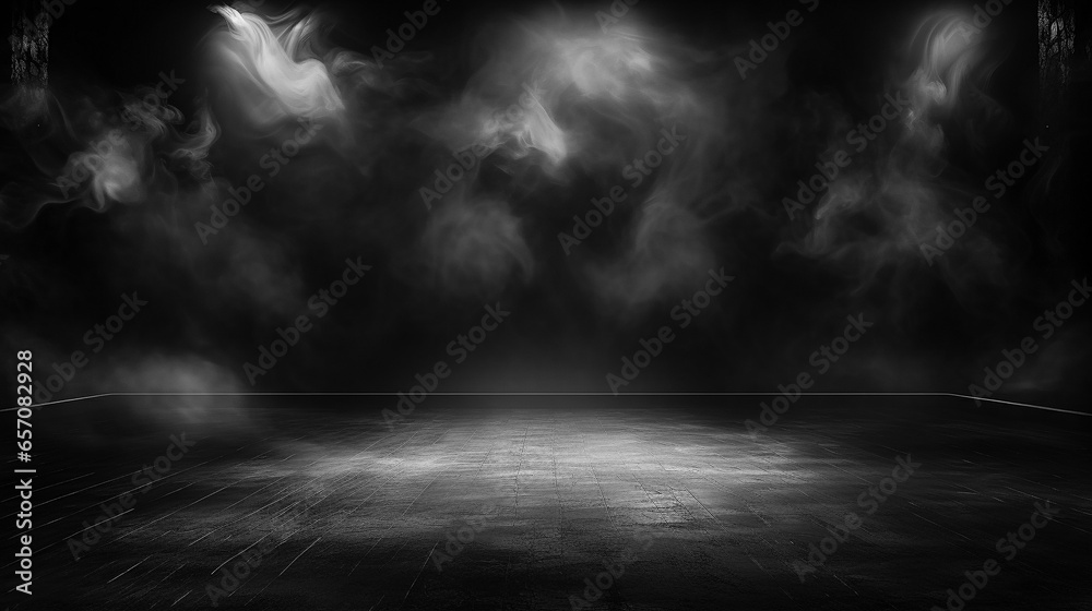 Dark empty grungy show room with smoke and spotlights. Black walls and ...