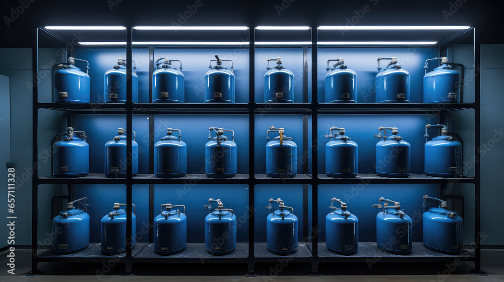 Lots of pressurized blue gas tanks. Gas industry, natural gas ...