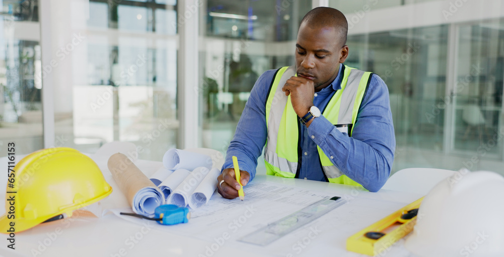Black man, architect and thinking while drawing blueprint for ...