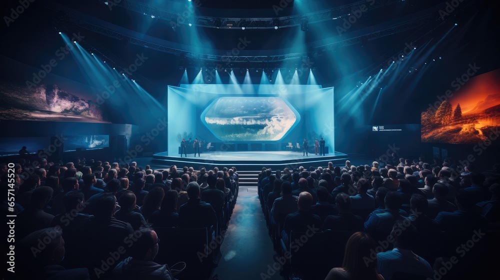 Foto de Stock Conference stage with people and digital screen mockup ...